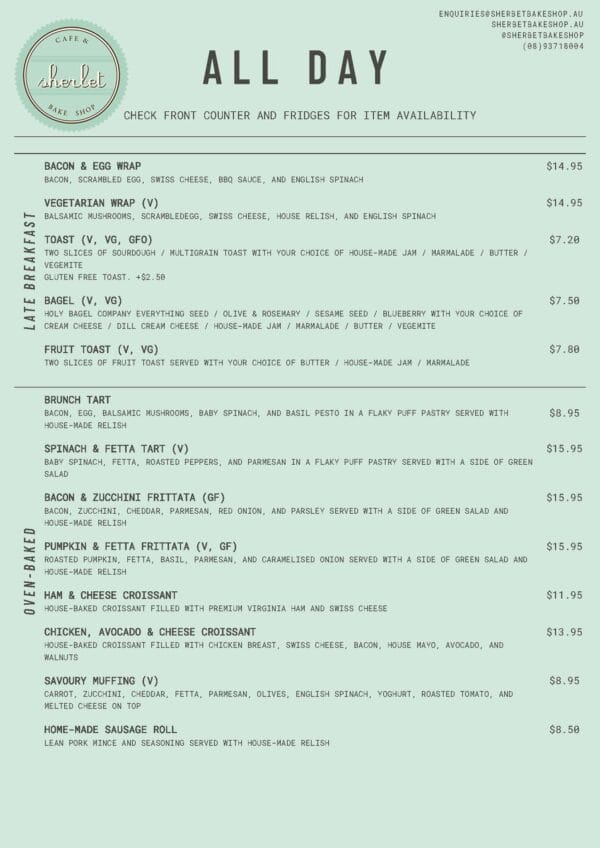 Cafe Menu - Sherbet Cafe & Bake Shop