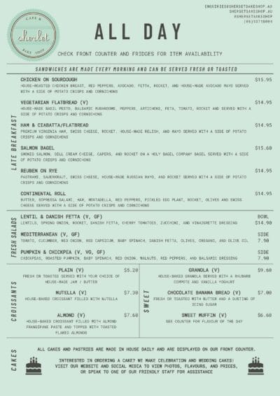 Cafe Menu - Sherbet Cafe & Bake Shop